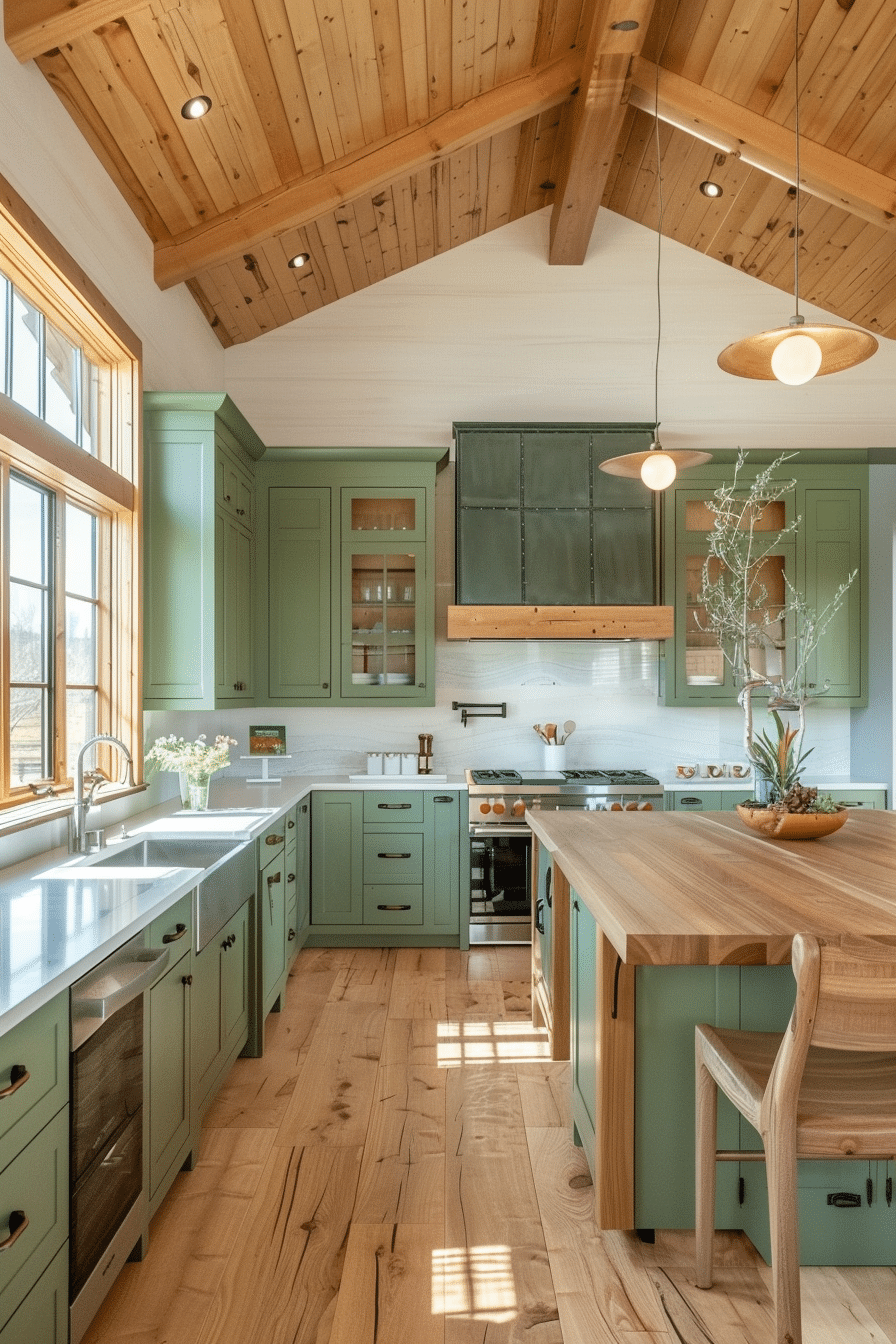 Kitchens with Green Cabinets and Wood Accents